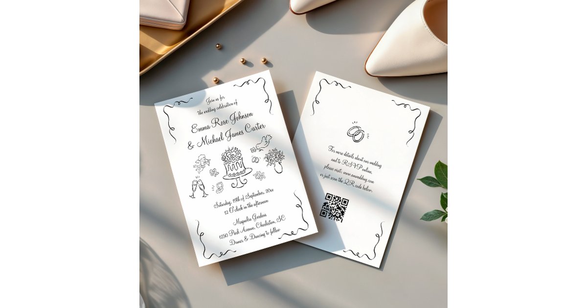 Modern Whimsical Hand Drawn QR code Wedding Invitation | Zazzle