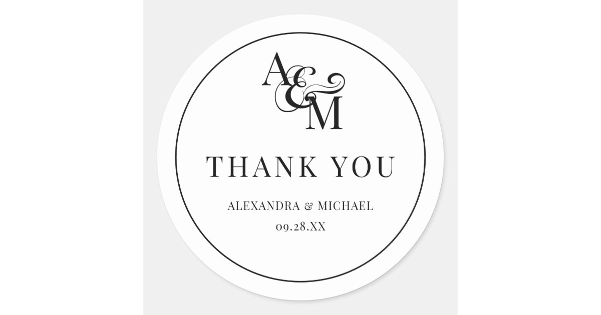 Monogram Black White Simple Elegant Thank You Classic Round Sticker ...