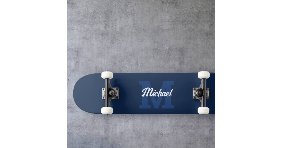 Monogram Vintage Calligraphy Navy Blue Skateboard | Zazzle