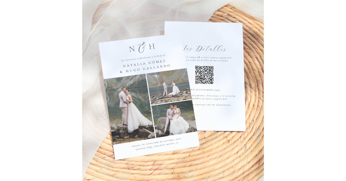 Monograma Código QR 3 Fotos Invitación de Boda Invitation | Zazzle