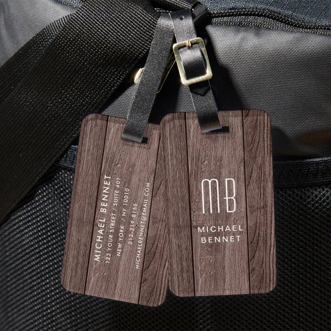 Monogrammed Brown Faux Wood Texture Luggage Tag | Zazzle