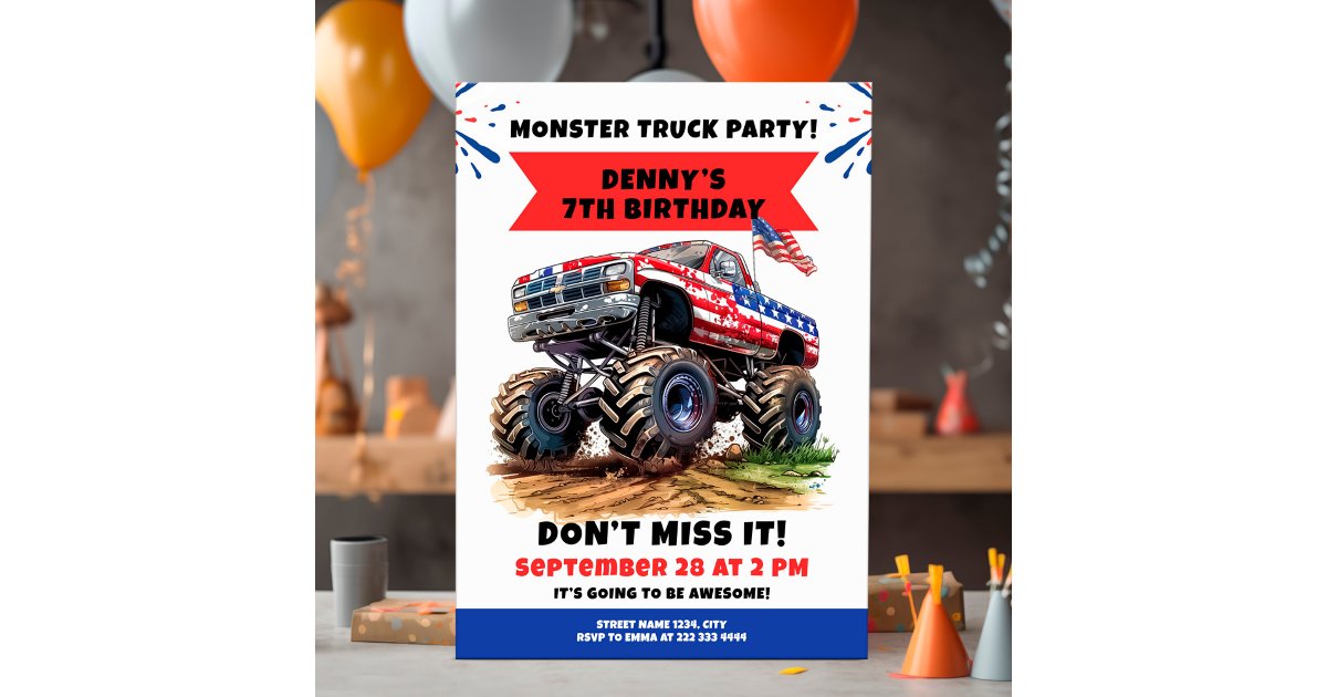 Monster truck birthday party with bold off-road invitation | Zazzle