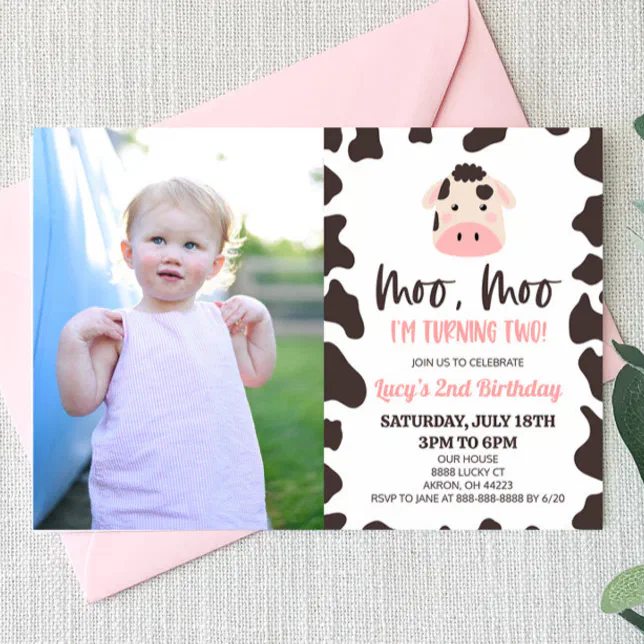 Moo Moo I'm Turning Two! Cow 2nd Birthday Party Invitation | Zazzle