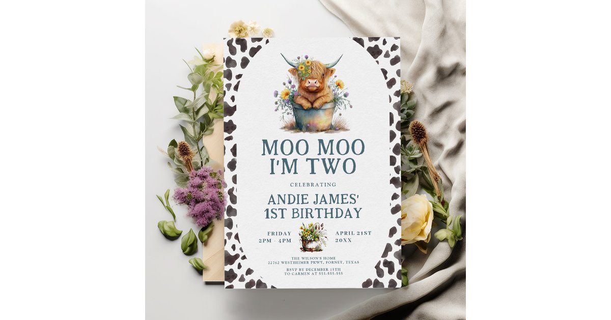 Moo Moo I'm Two Cow Print Farm Girl 2nd Birthday Invitation | Zazzle
