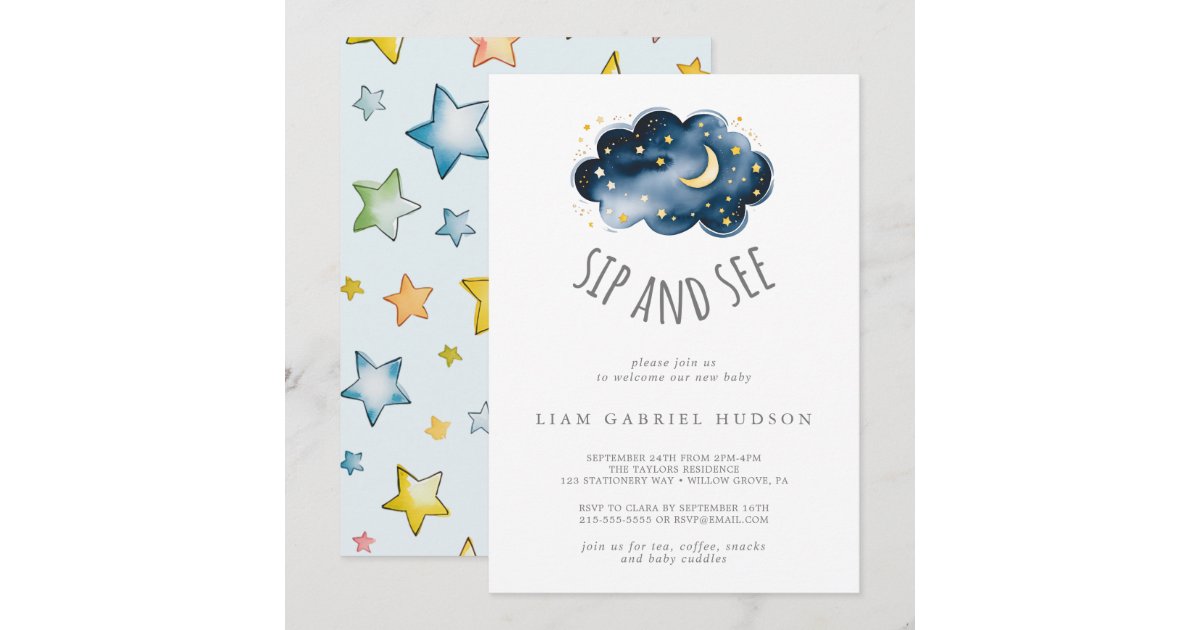Moon and stars Baby Boy Sip and See Invitation | Zazzle