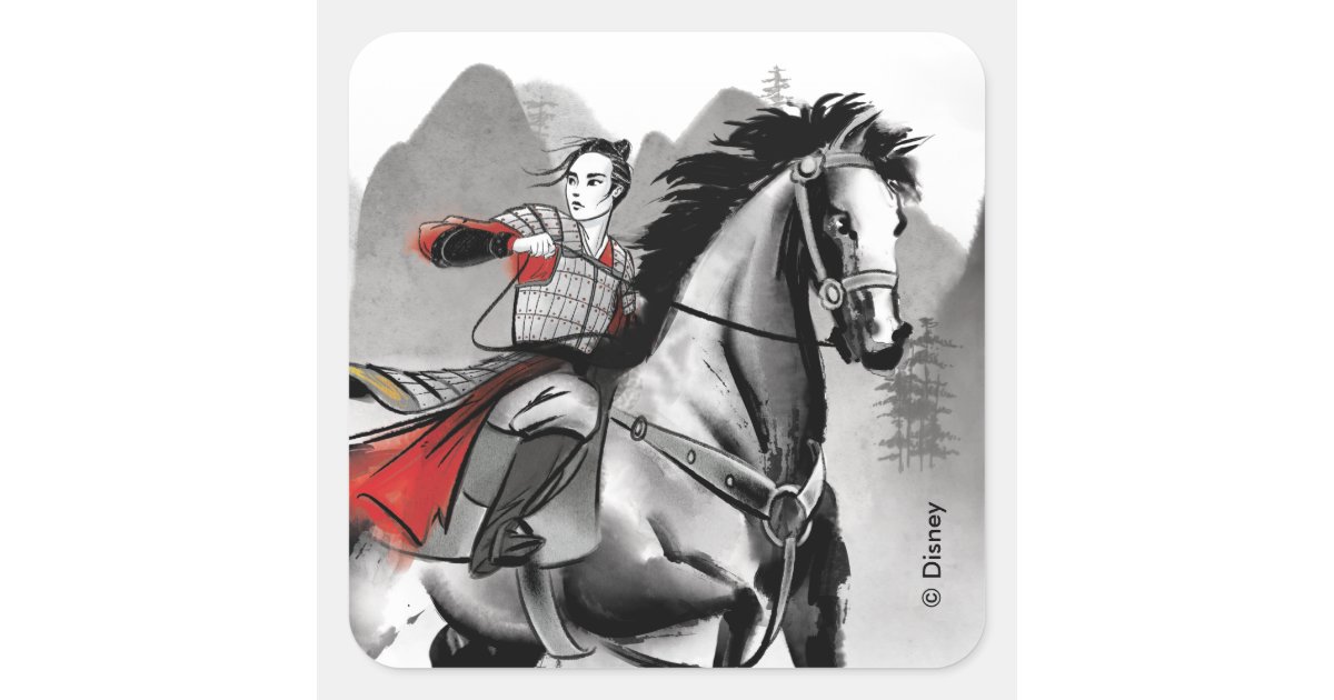 Mulan In Armour Riding Black Wind Watercolor Square Sticker | Zazzle