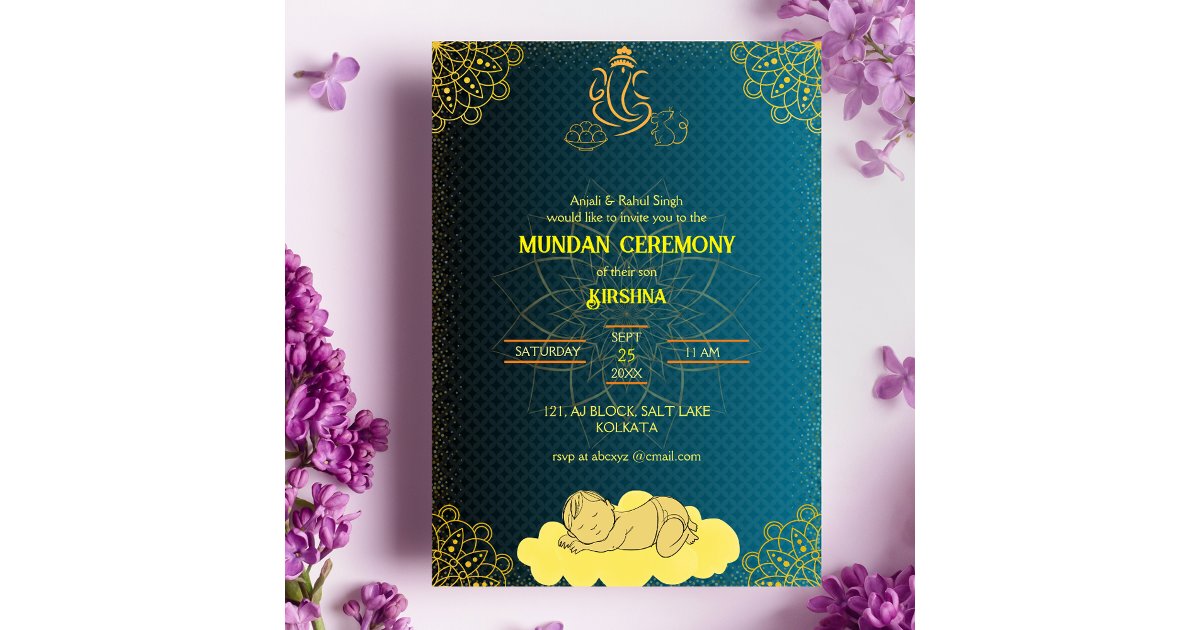 Mundan Ceremony Ganesha logo Royal Golden & Teal Invitation | Zazzle