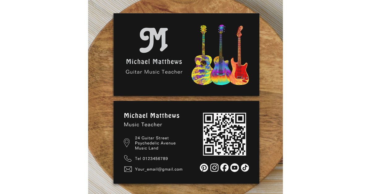 Music Guitar Teacher QR Code Social Media Custom Business Card | Zazzle