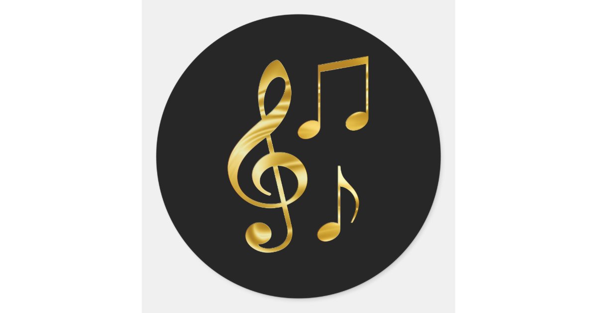 Music icons, gold on black classic round sticker | Zazzle