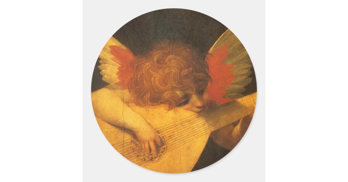 Musician Angel Playing Lute by Rosso Fiorentino Classic Round Sticker ...