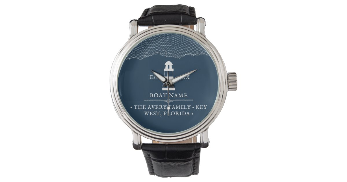 Nautical Personalized lighthouse Boat Navy Blue Watch | Zazzle