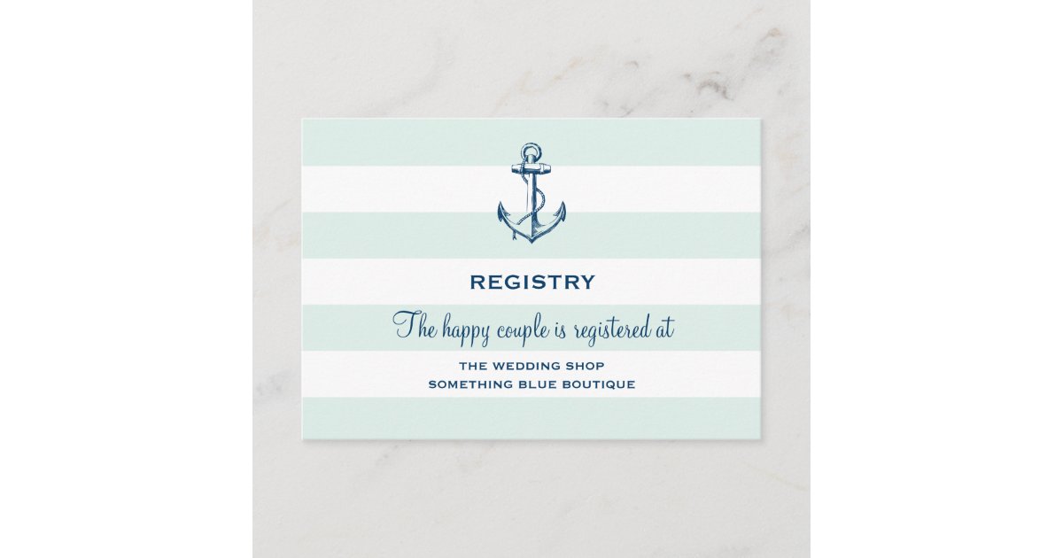 Navy Anchor & Mint Stripes Simple Wedding Registry Enclosure Card | Zazzle