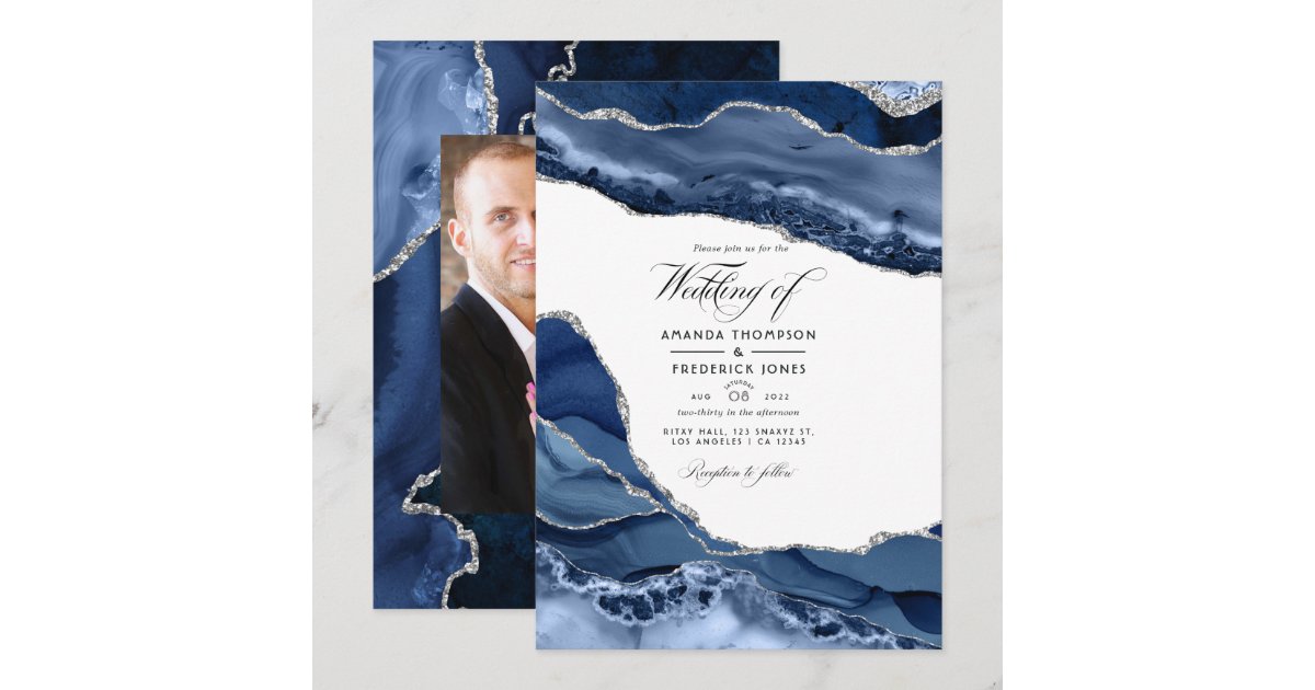 Navy and Silver Agate Wedding Photo Invitation | Zazzle