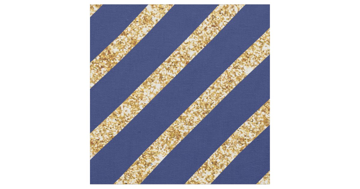 Navy Blue and Gold Glitter Diagonal Stripe Pattern Fabric | Zazzle
