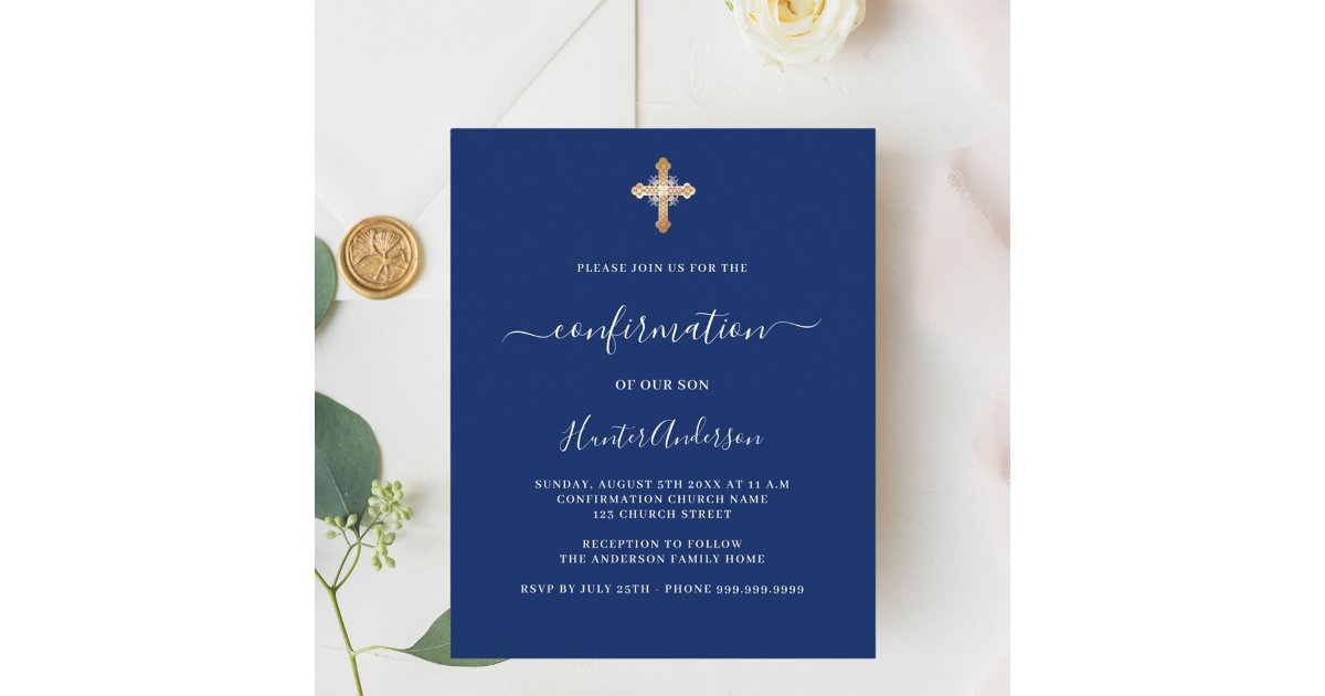 Navy blue cross boy confirmation invitation | Zazzle