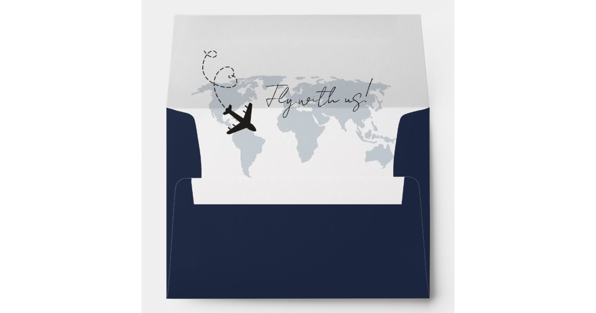 Navy Blue Destination Airplaine World map Wedding Envelope | Zazzle