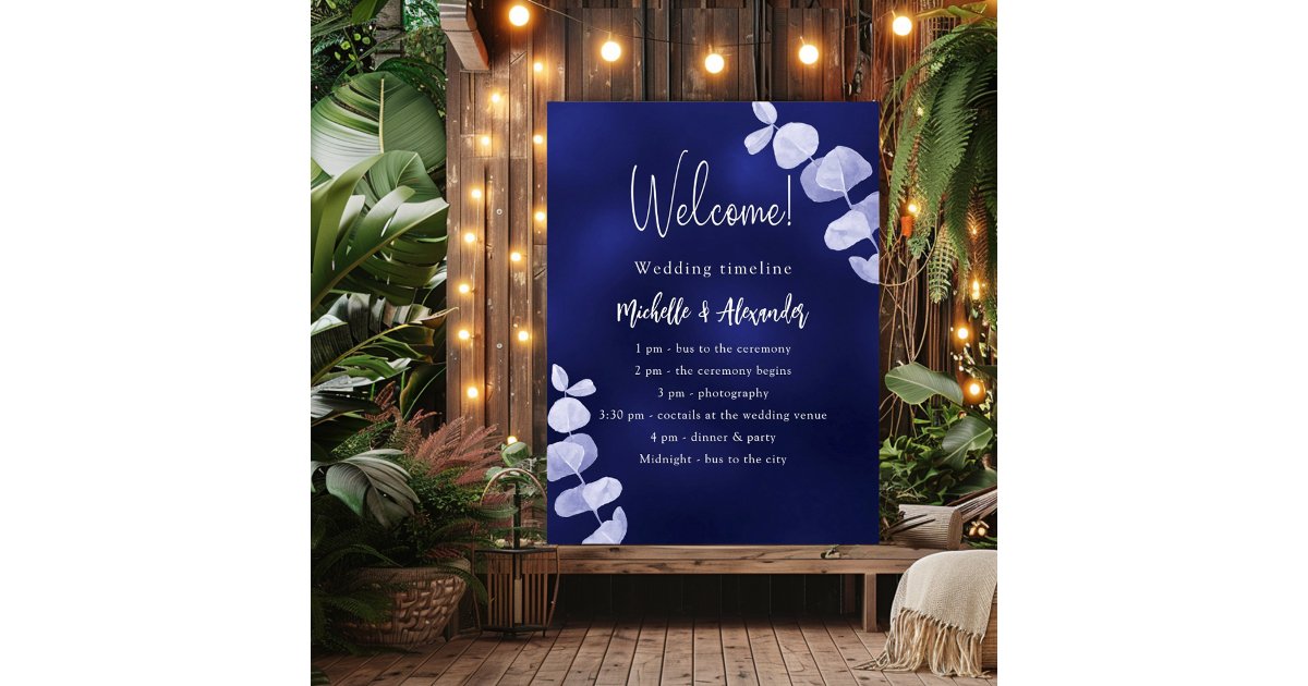 Navy blue eucalyptus wedding program timeline poster | Zazzle