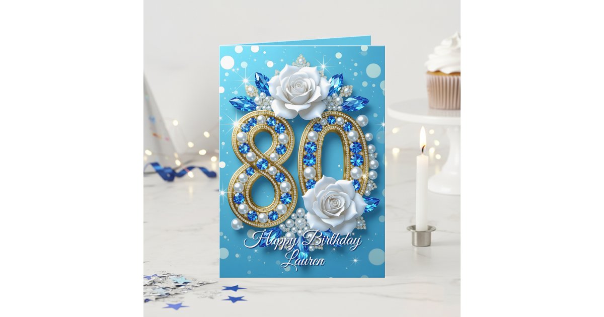 Navy Blue Gems & Gold Pearl 80th Birthday Greeting Card | Zazzle