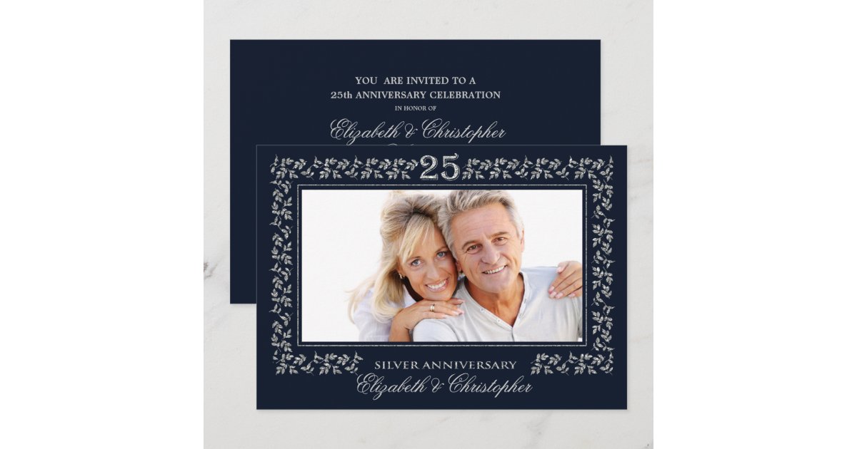 Navy Blue Silver 25th Wedding Anniversary Photo Invitation | Zazzle