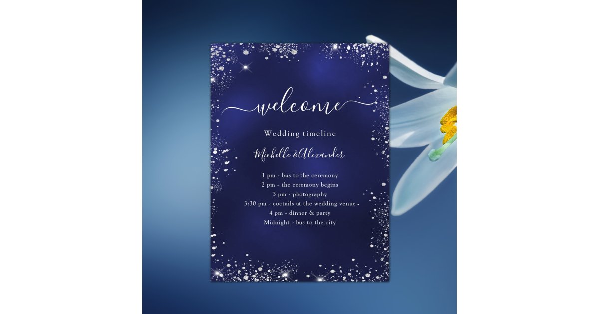 Navy blue silver glitter wedding program timeline poster | Zazzle