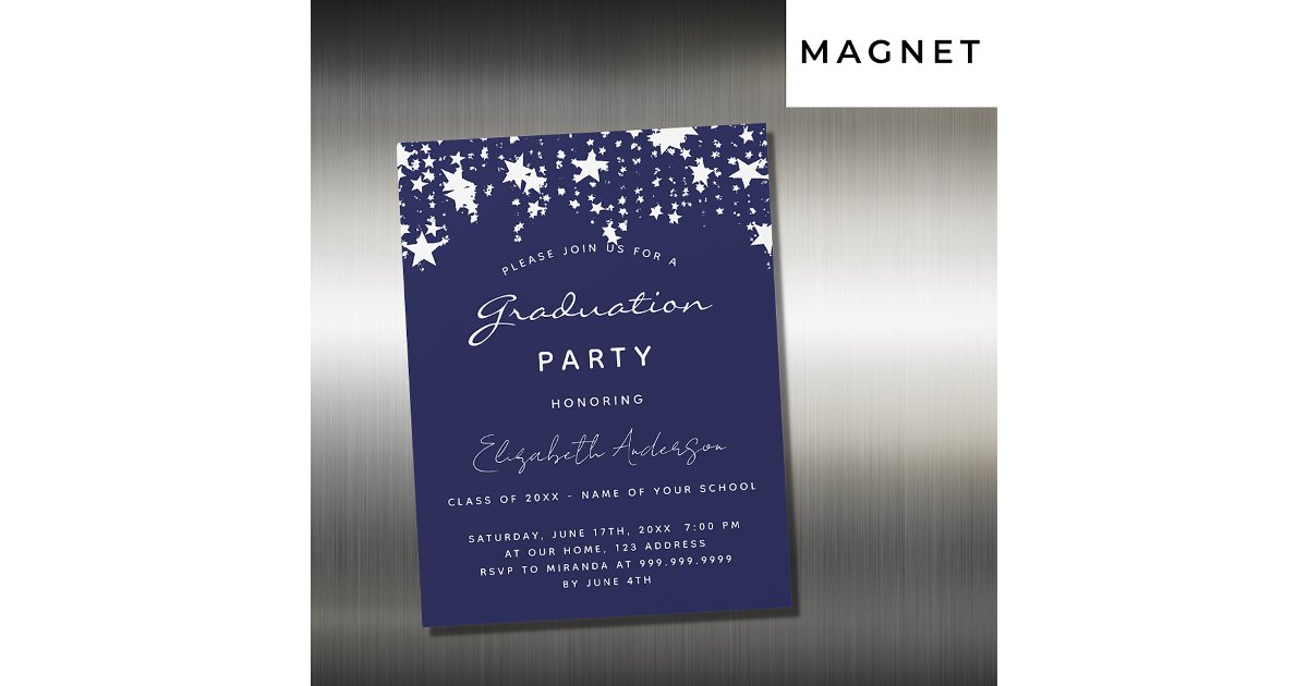 Navy blue white stars Graduation party luxury Magnetic Invitation | Zazzle