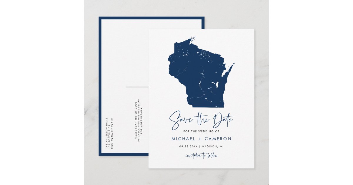 Navy Blue Wisconsin Map QR Code Save the Date Announcement Postcard ...