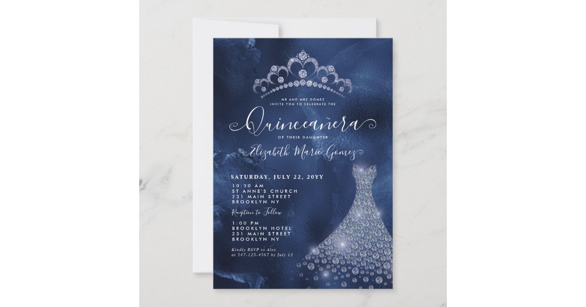 Navy Royal Blue Diamond Tiara Dress Quinceanera Invitation | Zazzle