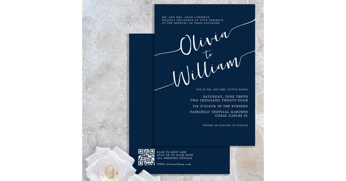 Navy Script QR Code Wedding Invitation | Zazzle