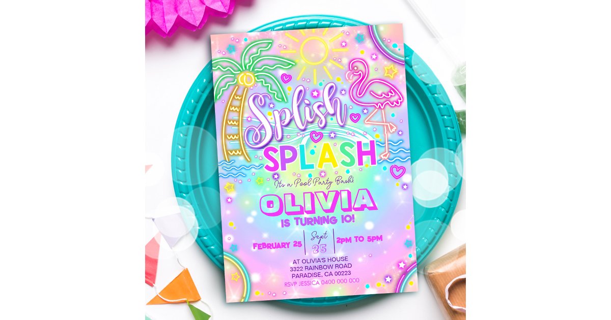 Neon Splish Splash Pool Party Invitation | Zazzle