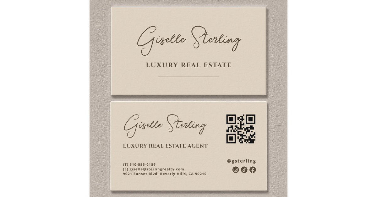 Neutral Beige Minimalist Script QR Code Business Card | Zazzle