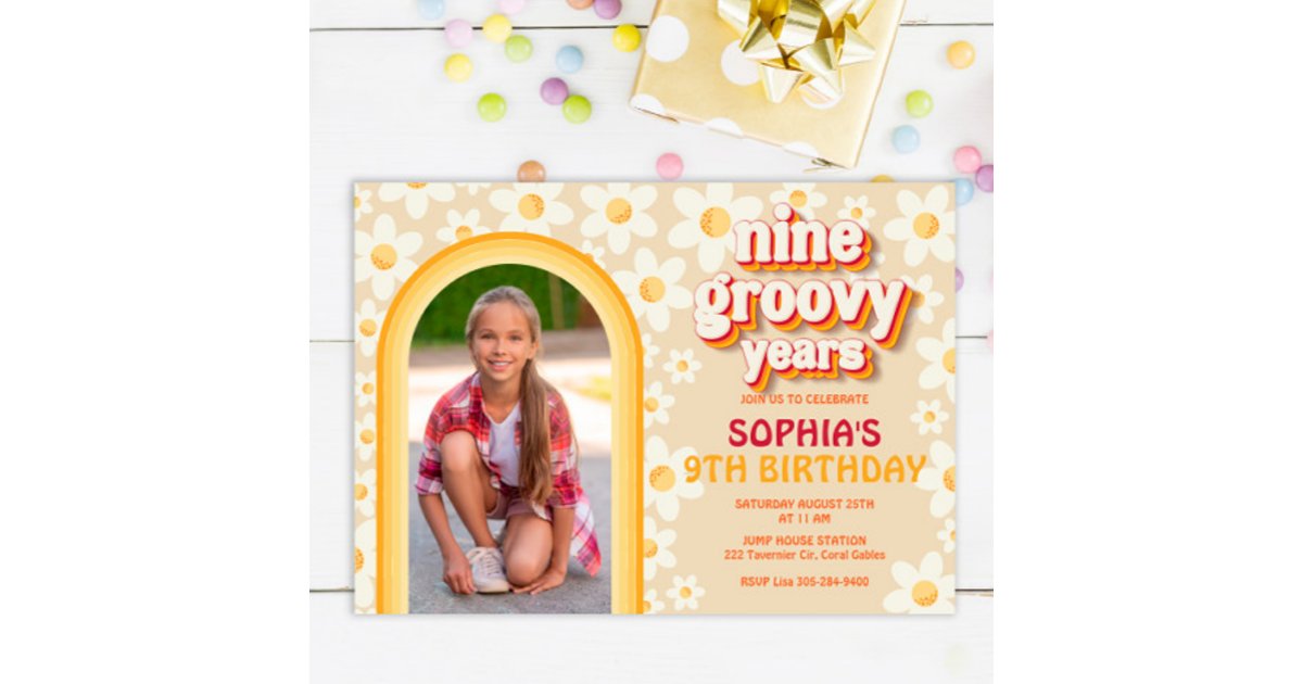 Nine Groovy Years 9th Birthday Photo Invitation | | Zazzle