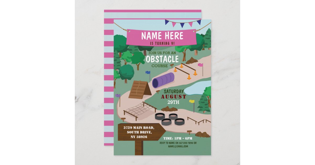 Obstacle Course Birthday Party Adventure Park Pink Invitation | Zazzle
