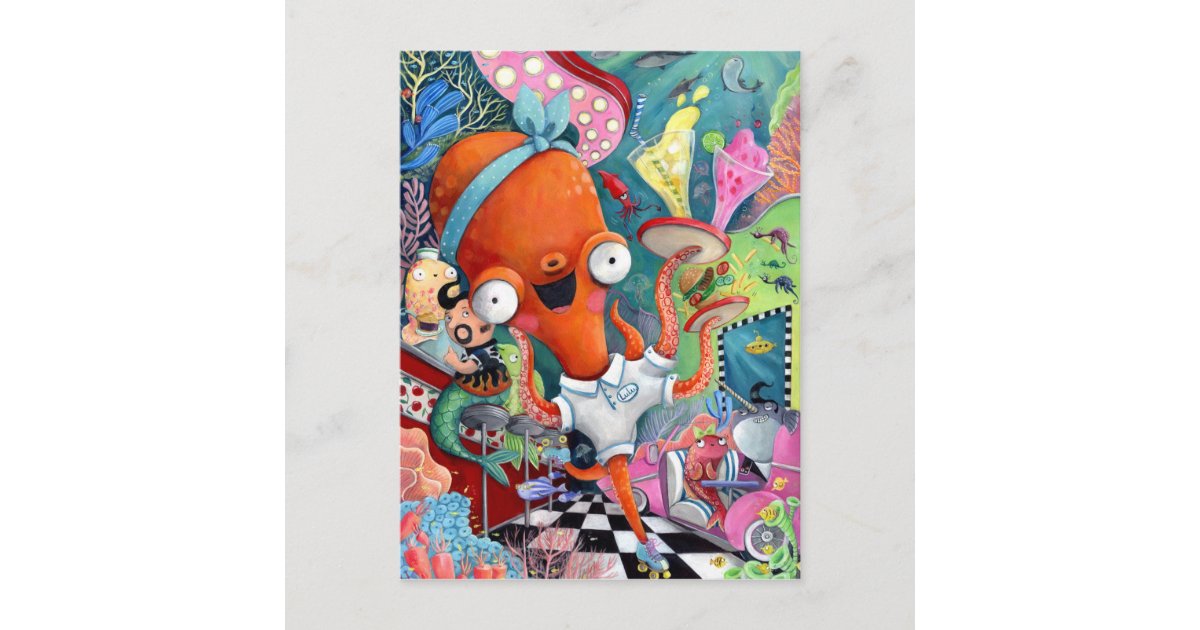 Octopus Waitress in Underwater Road Bar Postcard | Zazzle