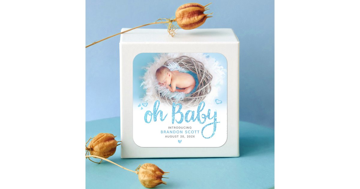 Oh Baby Blue Script Sweet Modern Boy Birth Photo Square Sticker | Zazzle