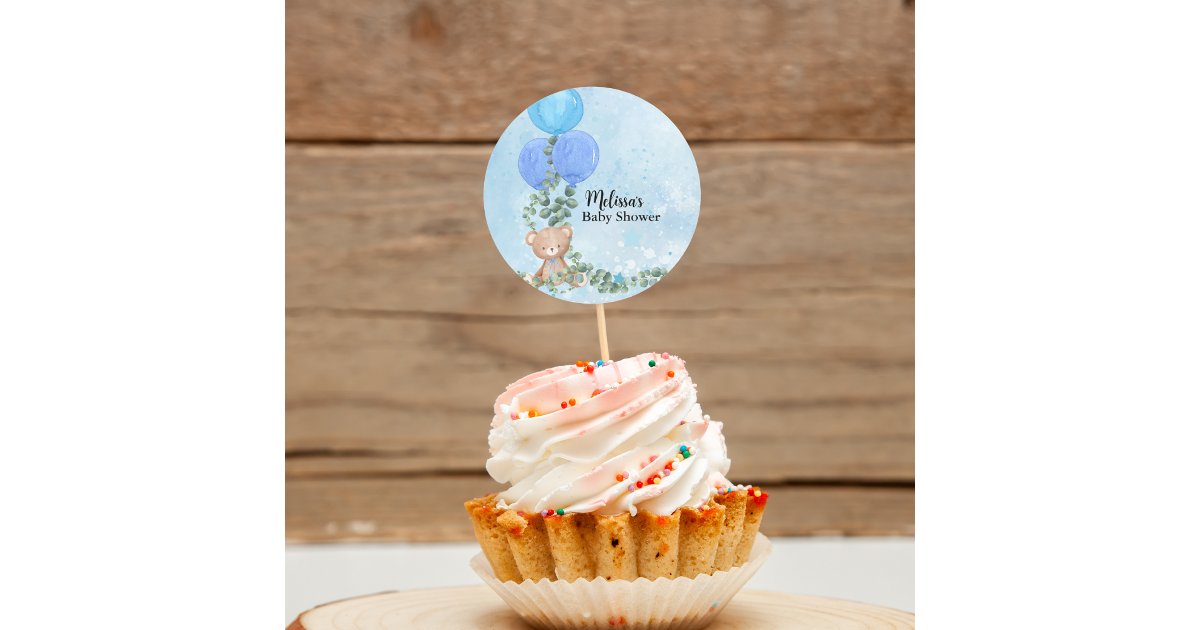 Oh Boy Blue Balloon Eucalyptus Cupcake Topper Classic Round Sticker ...