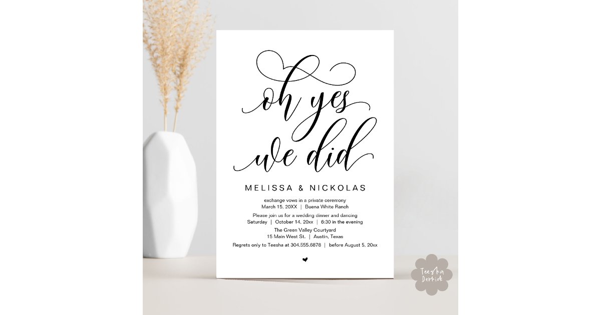 Oh Yes, We Did, Romantic Wedding Elopement Party Invitation | Zazzle