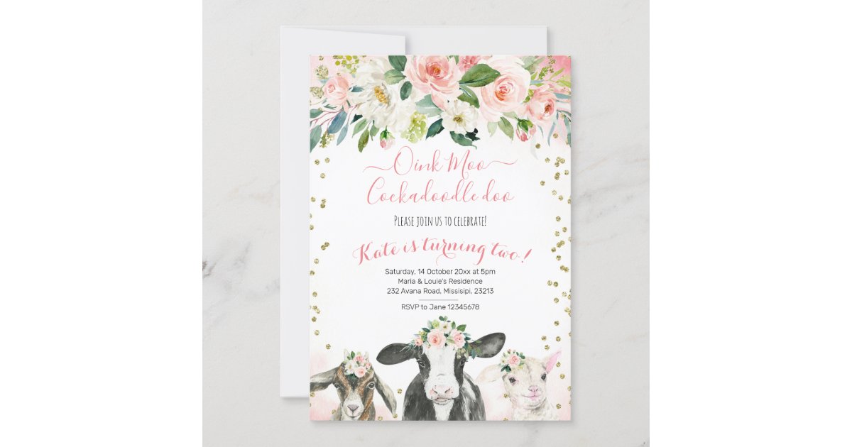 Oink Moo Cockadoodle Doo Girl Birthday Invitation | Zazzle