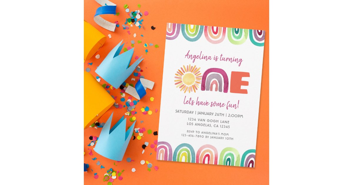 ONE Sunshine Rainbow 1st Birthday Boho Watercolor Invitation | Zazzle