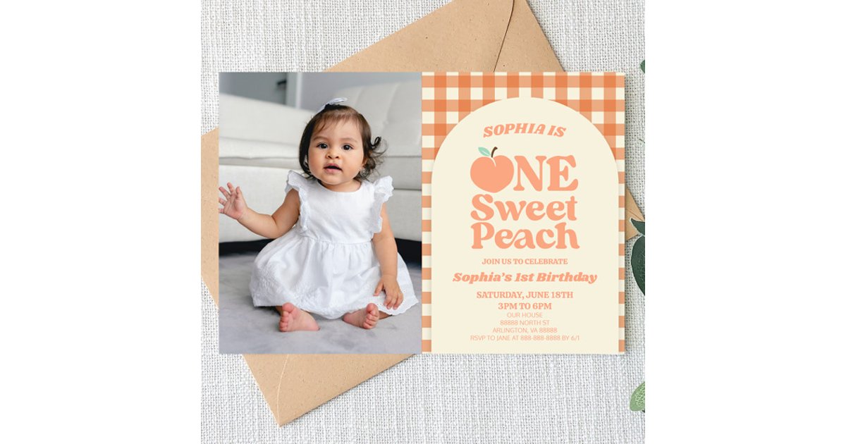 One Sweet Peach Picture First 1st Birthday Party Invitation | Zazzle