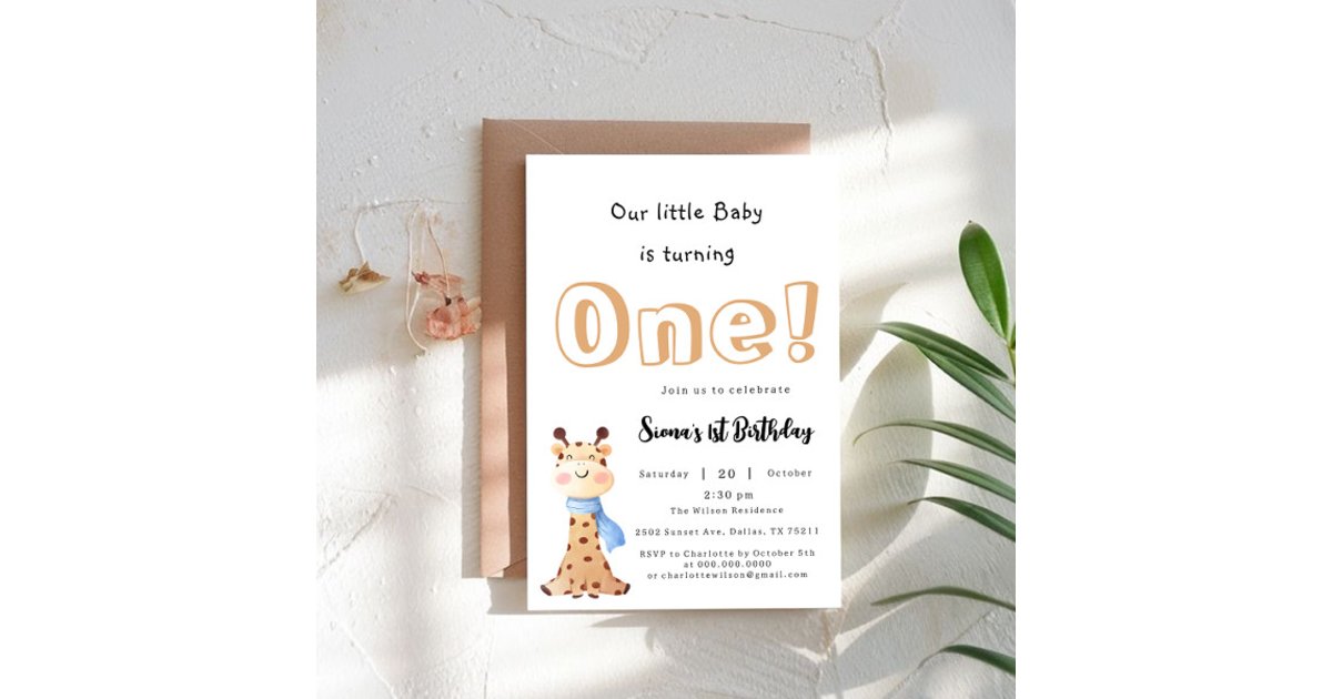 Our Baby Is Turning One Cute Giraffe 1st Birthday Invitation | Zazzle