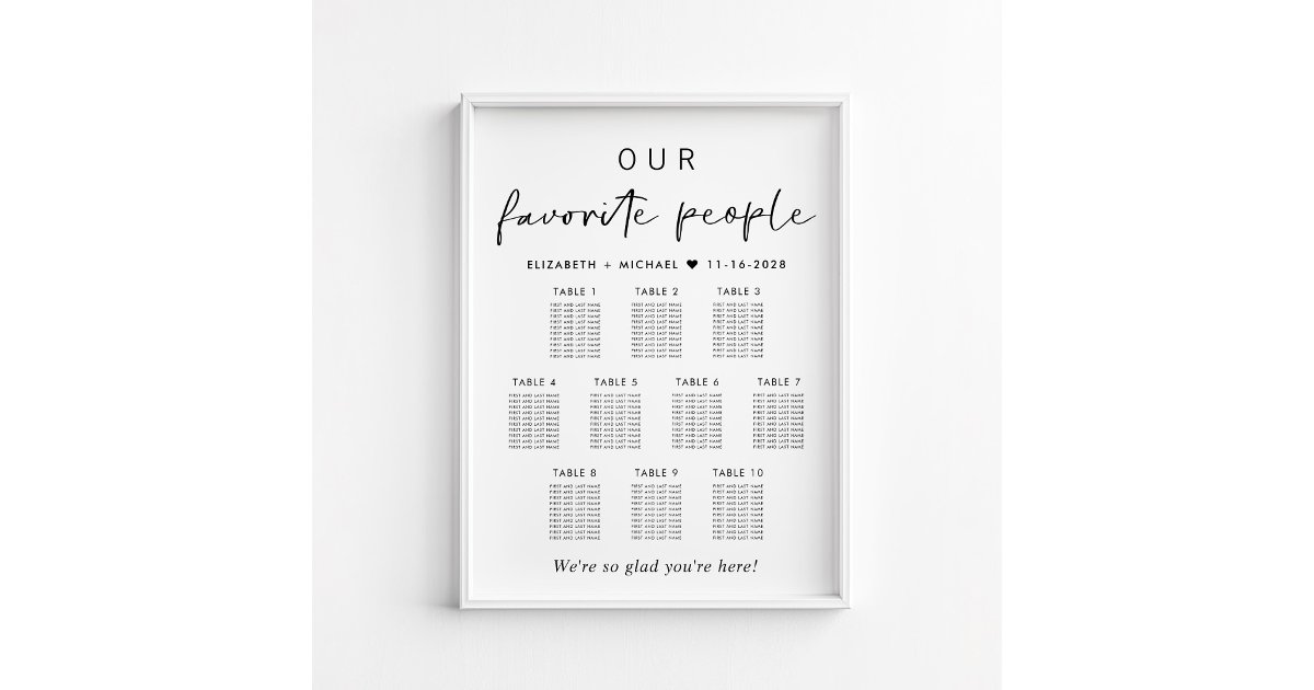 Our Favourite People 10 Table Wedding Seating Char Poster | Zazzle