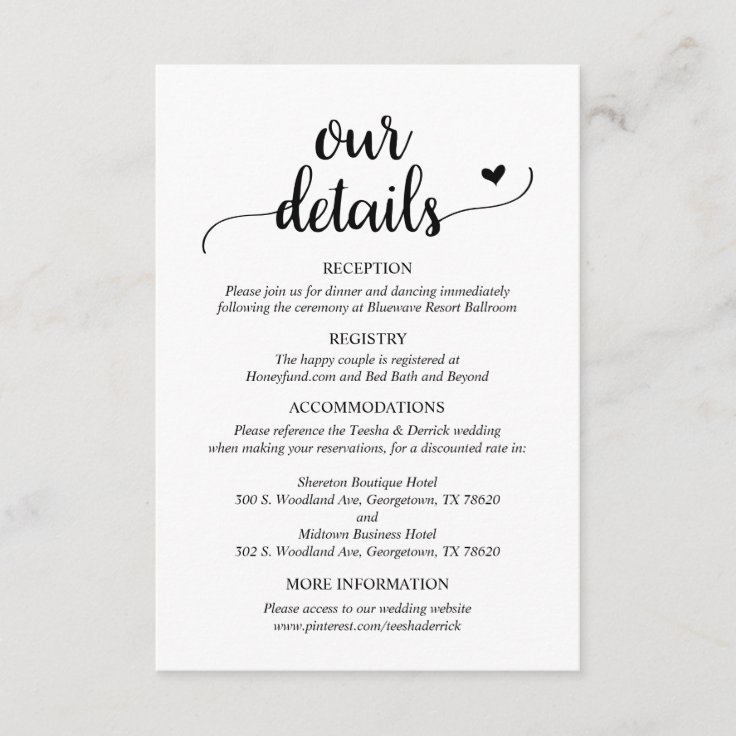 Our Wedding Details, Rustic Script Enclosure Card | Zazzle