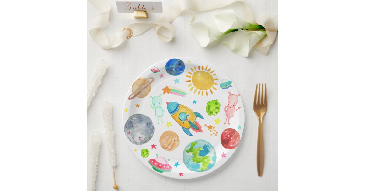 Outer Space Galaxy Planet Rocketship Alien Stars Paper Plate | Zazzle