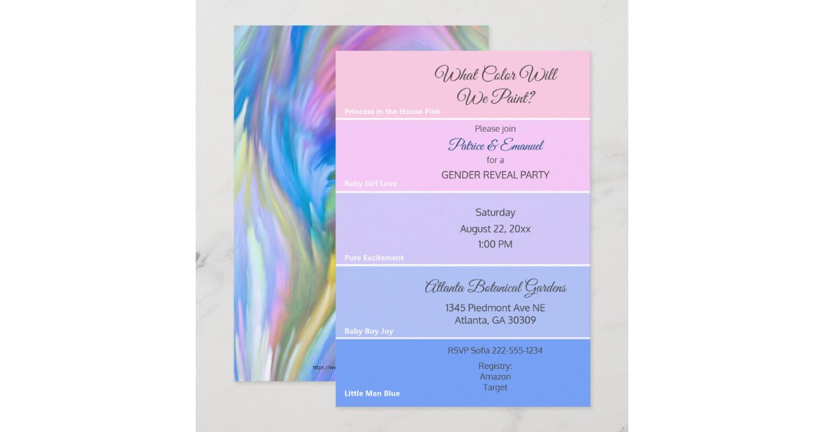 Paint Chip Gender Reveal Pink Blue Invitation | Zazzle