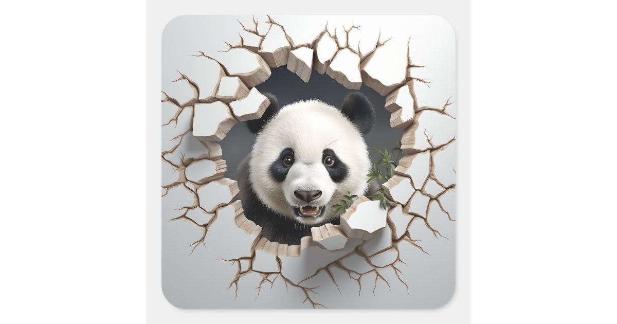 Panda Cracked Hole Art Panda Smashed Wall 3D Square Sticker | Zazzle
