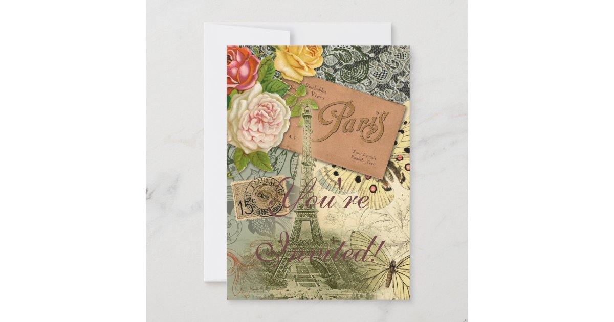 Paris France Antique Artwork Collage Eiffel French Invitation | Zazzle