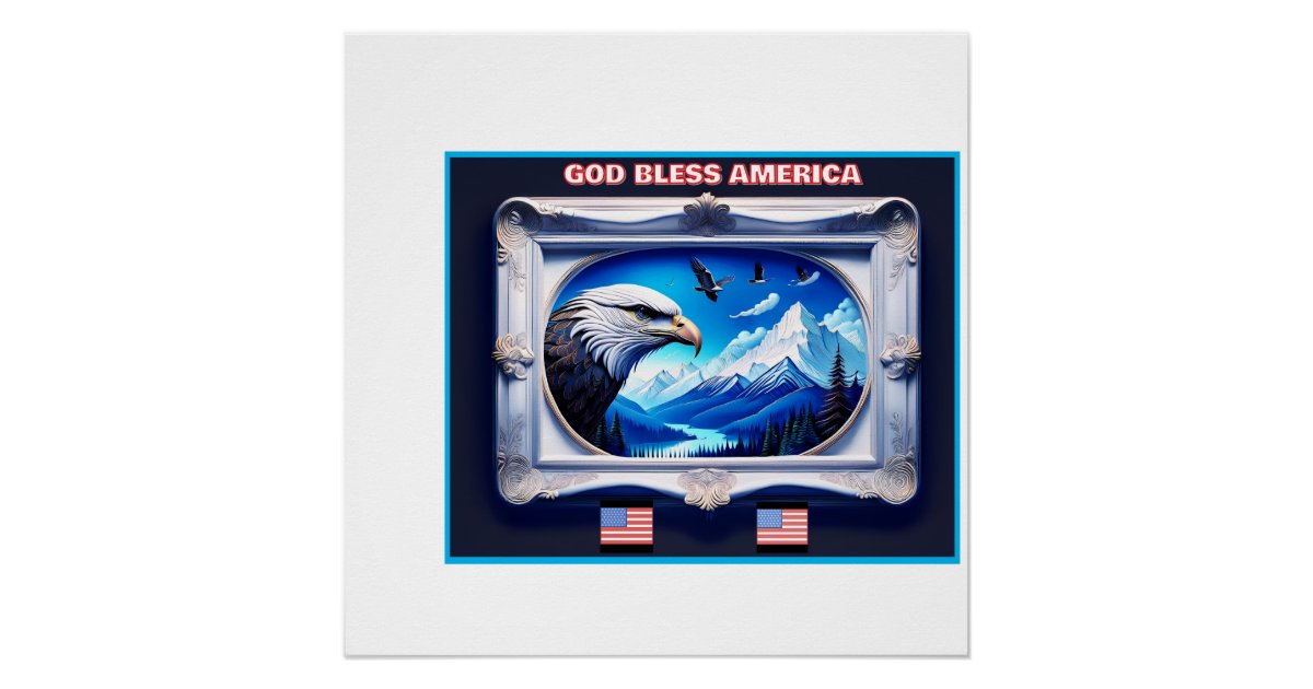 Patriotic Landscape With Bald Eagle Flags Mountain Poster | Zazzle