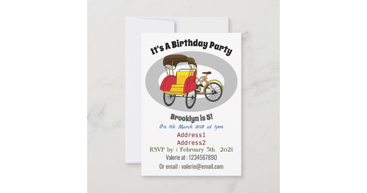 Pedicab rickshaw cartoon illustration invitation | Zazzle