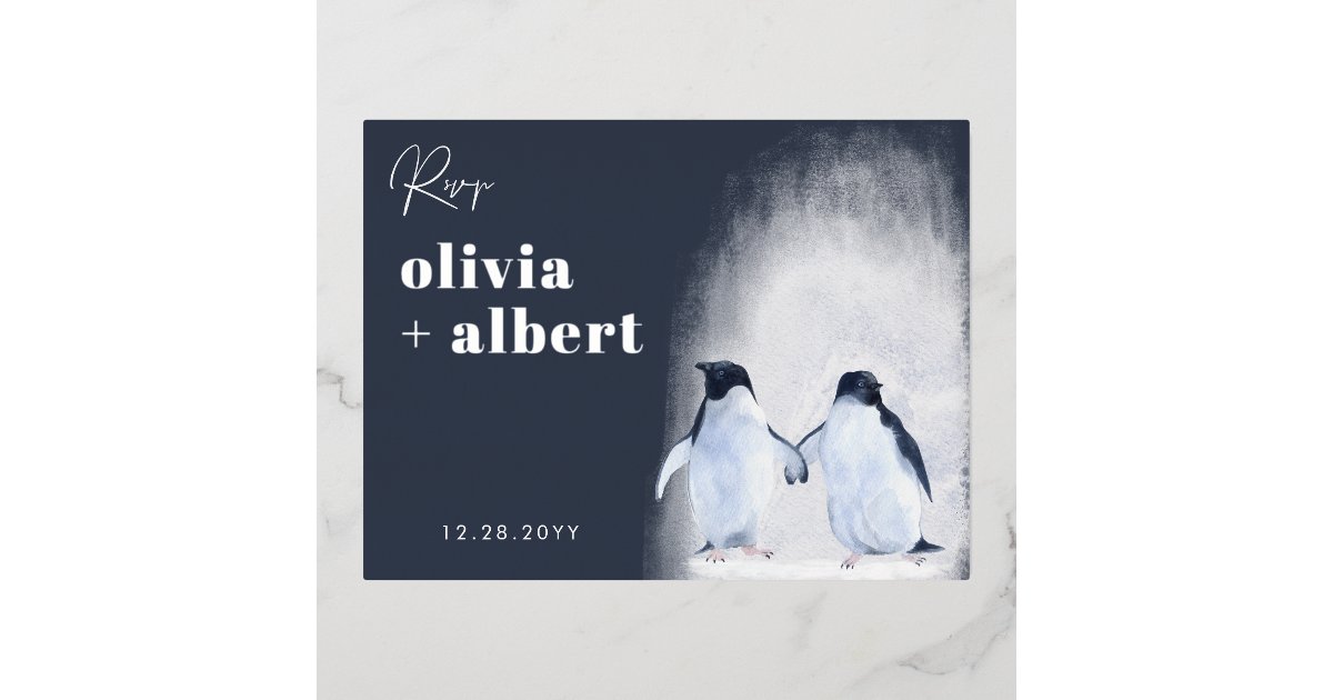 Penguins Silver Winter Elegant Modern Wedding RSVP Foil Invitation ...