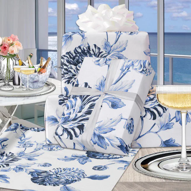 Periwinkle Blue Vintage Botanical Floral Toile Wrapping Paper | Zazzle